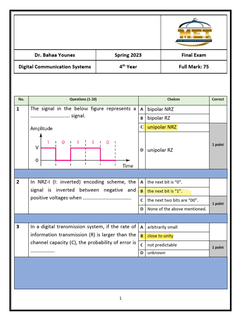 Spring 2023 - DCS - Final Exam Answer | PDF | Modulation | Signal Processing