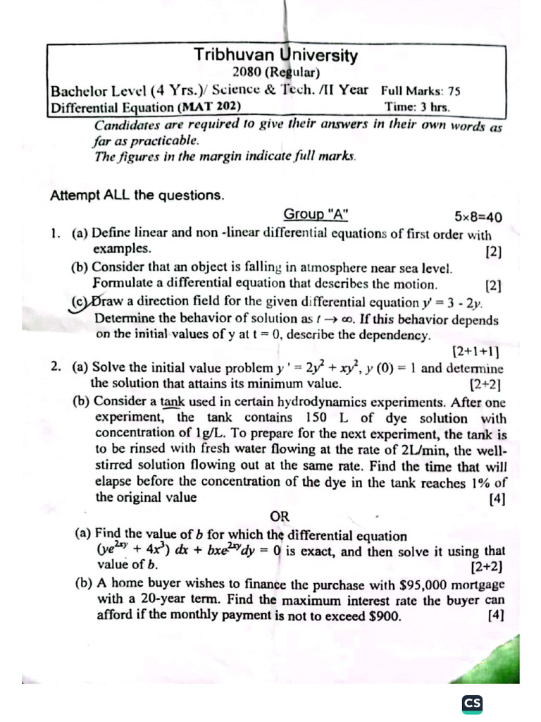 Differential Equation Questions Paper | PDF