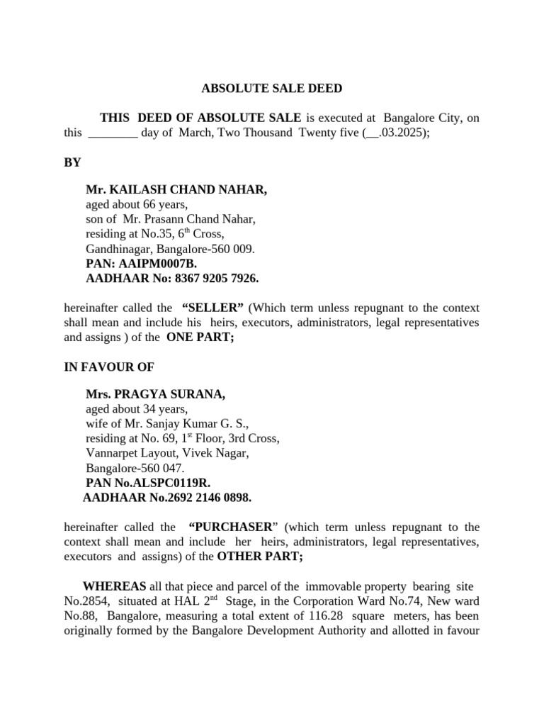 Sale Deed Bda Lease BBMP Building Hal 2nd Kailash | PDF | Covenant (Law) | Deed