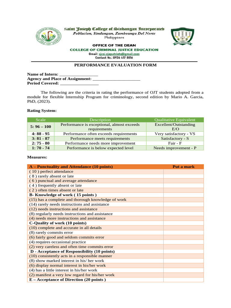 Internship Performance Evaluation Form | PDF
