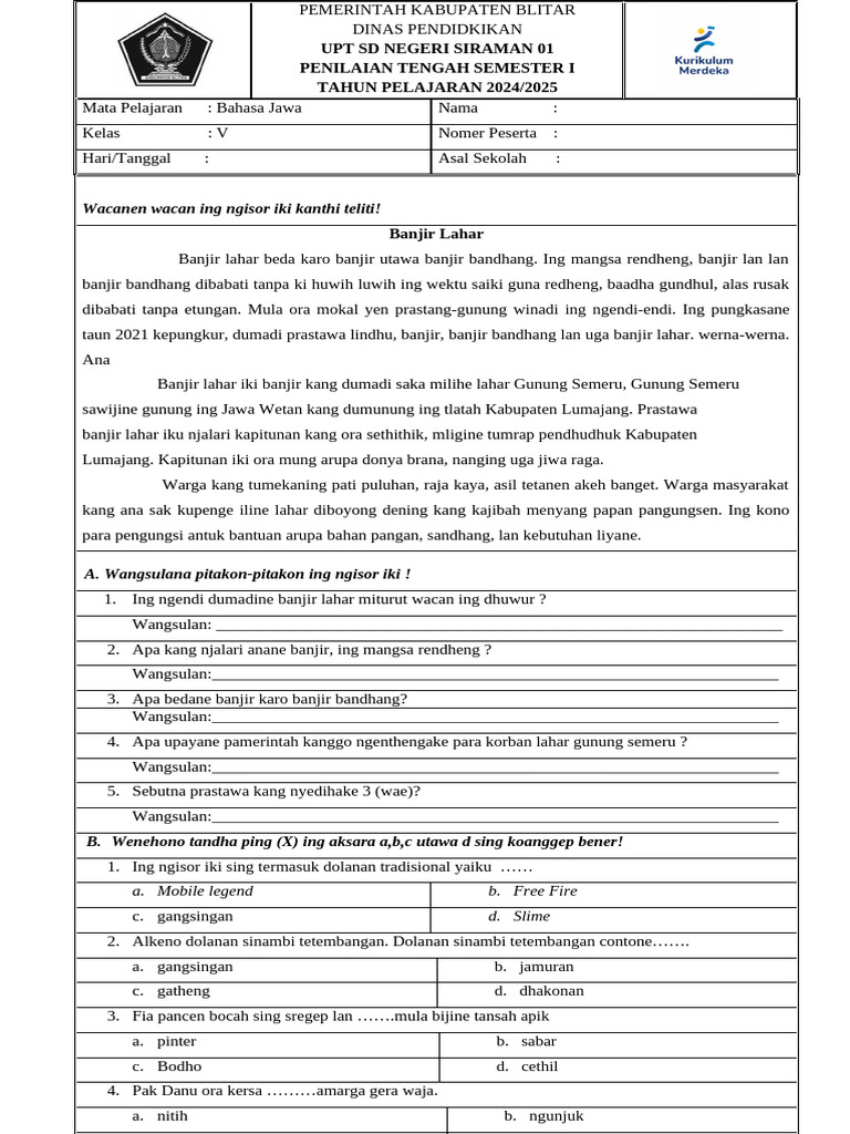 PTS Kelas 5 SMT 1 | PDF