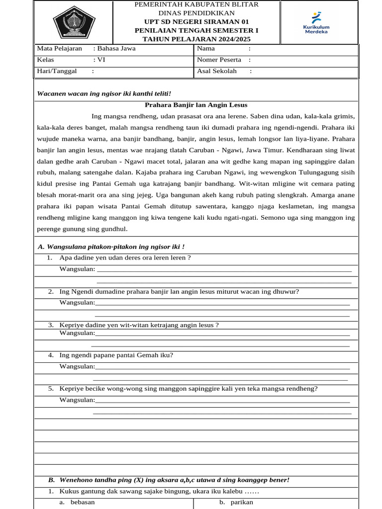 PTS Kelas 6 SMT 1 | PDF