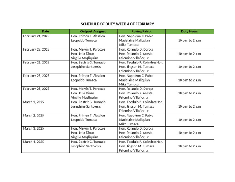 February 2025 Duty Schedule Week 4 | PDF