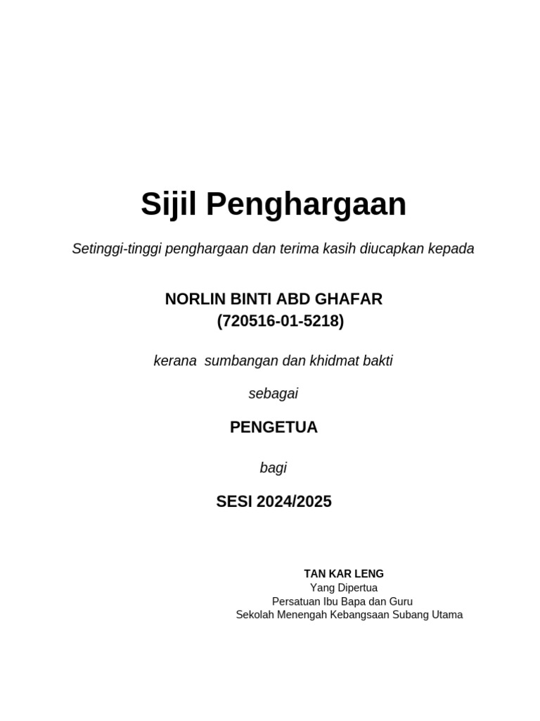 Sijil Penghargaan Jawatan Unit HEM (CONTOH) | PDF