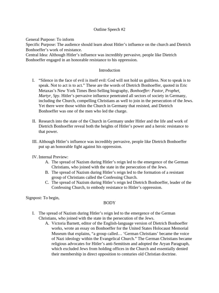 Informative Speech Example | PDF | Dietrich Bonhoeffer | German ...