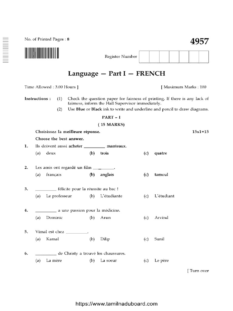 TN Board Class 10 French p1 4957 2021 | PDF