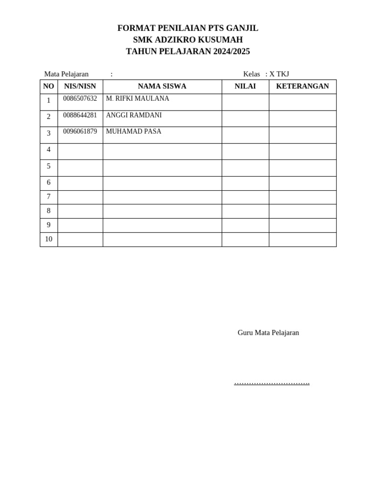 FORMAT PENILAIAN PTS GANJIL | PDF