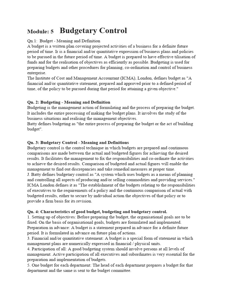 Module 5 - Budgetary Control | PDF | Budget | Economies