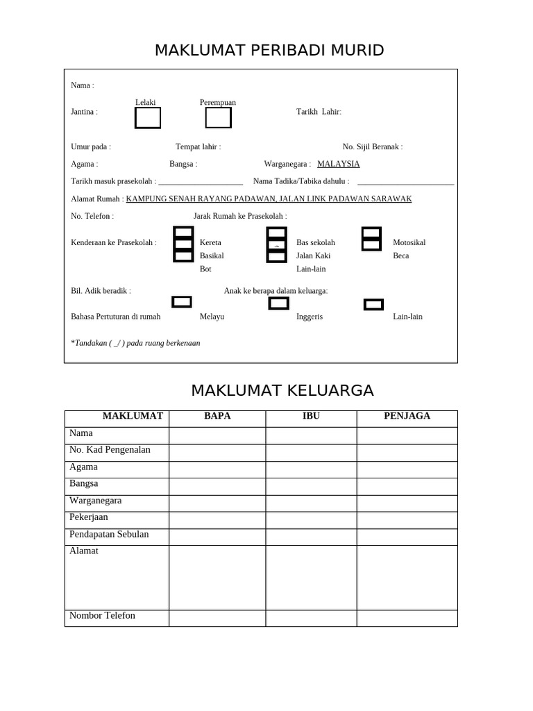 Borang Rekod Peribadi Dan Maklumat Kesihatan Murid | PDF