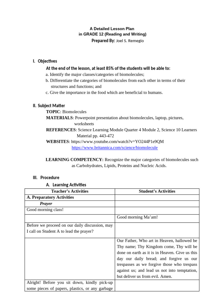 Sci10 Biomolecules Lesson Plan | PDF | Carbohydrates | Polysaccharide