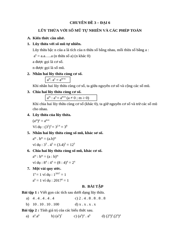 Đ I 6 - Chuyen de 3 - Luy Thua Voi So Mu Tu Nhien | PDF