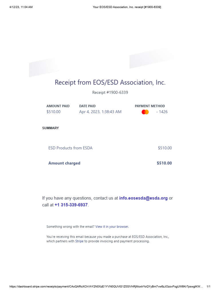 Your EOS - ESD Association, Inc. Receipt (#1900-6339) | PDF