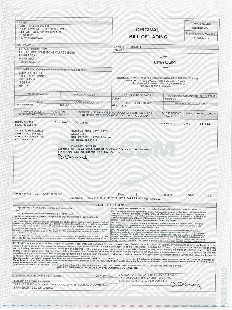 Shipping Document BL Dui0254113 | PDF
