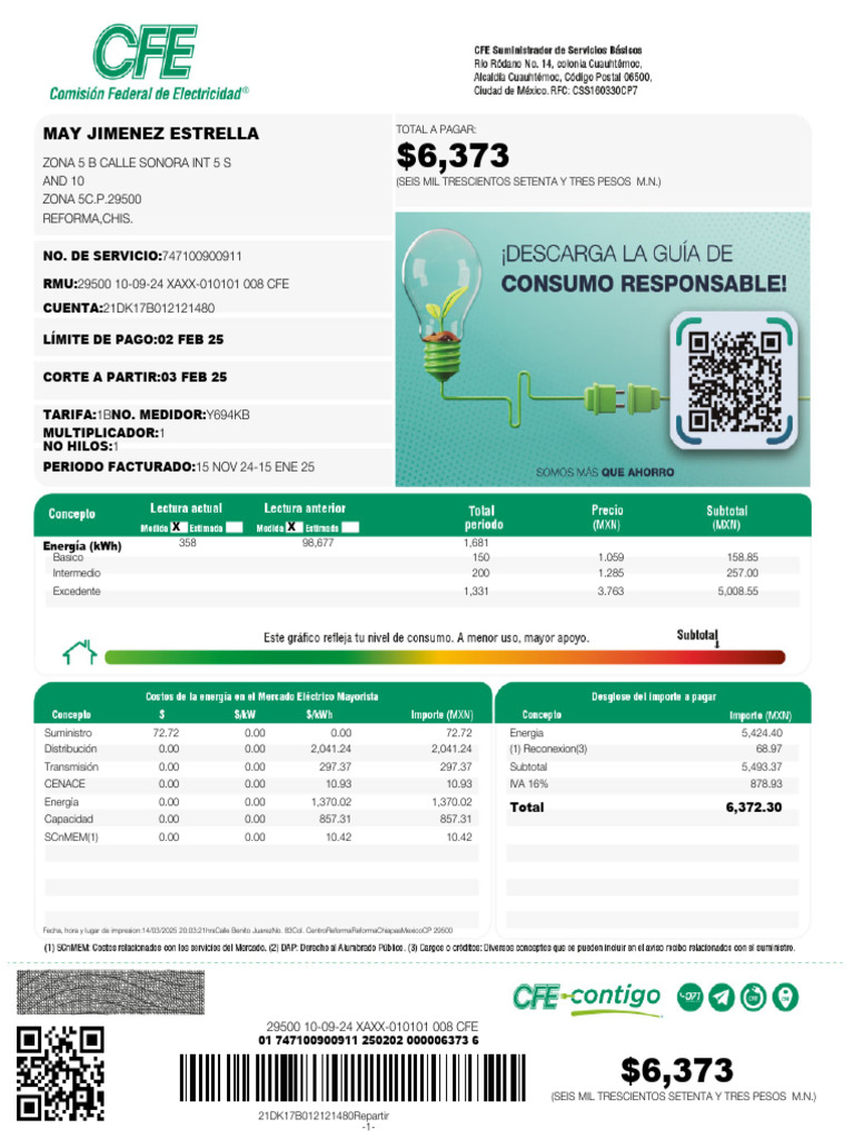 Recibo CFE - Mayo Jiménez Estrella | PDF | Energia electrica | Poder ...