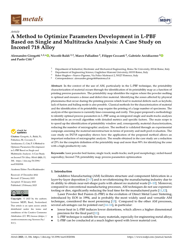 A Method to Optimize Parameters Development in L-PBF Based on Single and Multitracks Analysis A ...