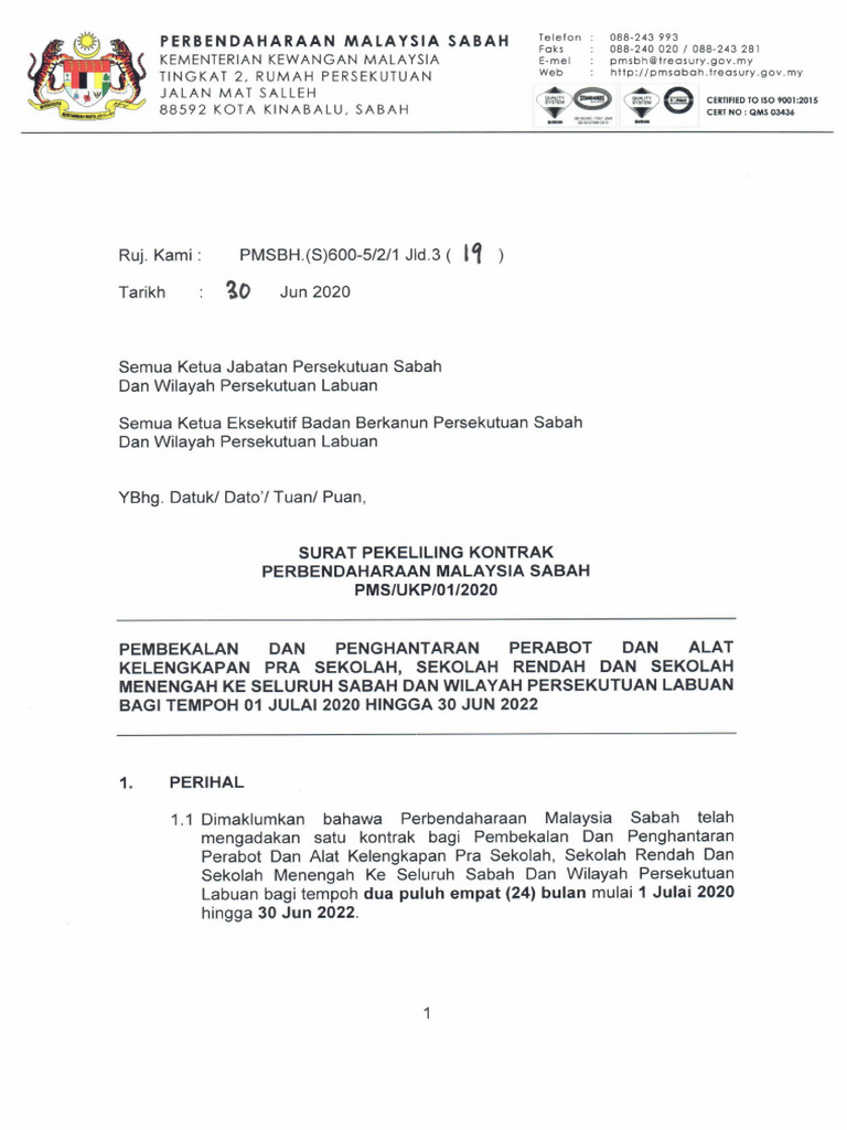 Surat Pekeliling Kontrak Pusat PMSUKP012020 | PDF
