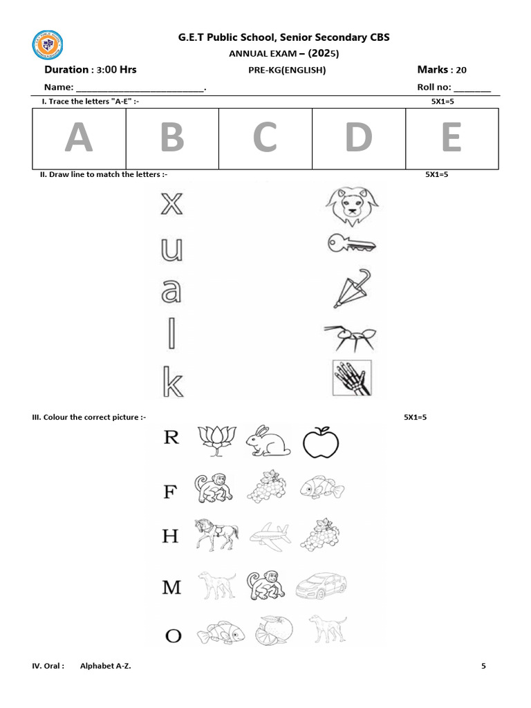Pre-KG English Annual Exam 2025 | PDF