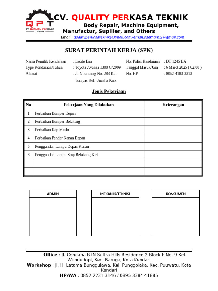 Surat Perintah Kerja Bengkel | PDF