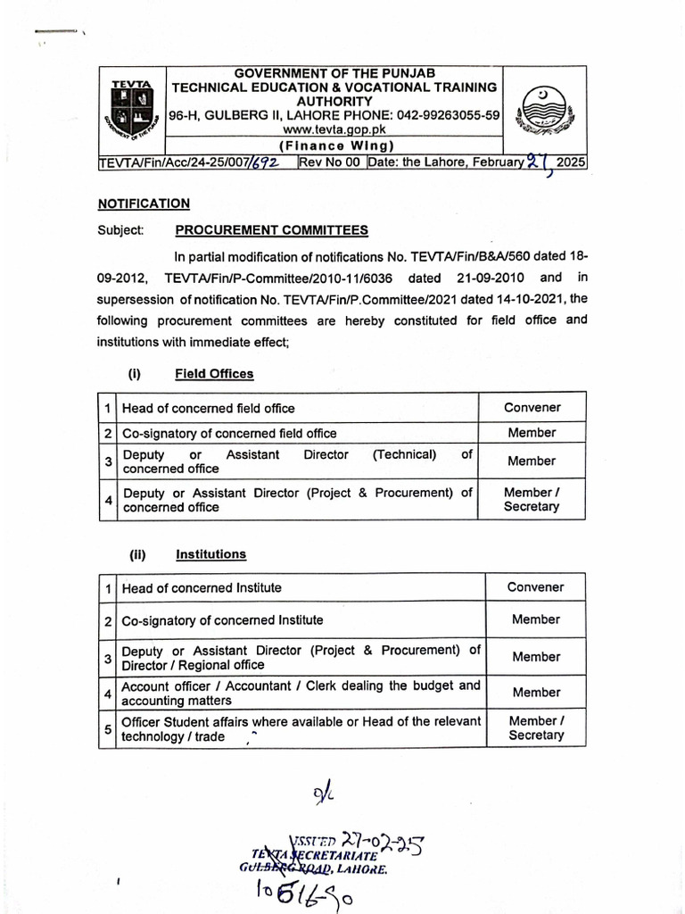 TEVTA Procurement Committees Notification 2025 | PDF