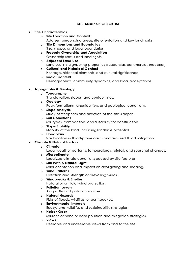 Site Analysis Checklist | PDF | Public Utility | Flood