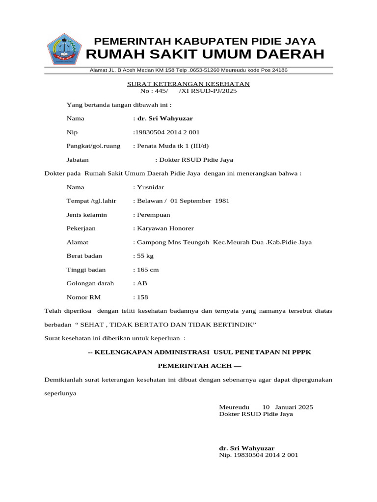 Surat Keterangan Kesehatan Pidie Jaya | PDF