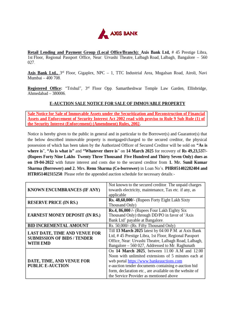 15 Days Sale Notice - Sunil Kumar Sharma | PDF | Security Interest | Debt