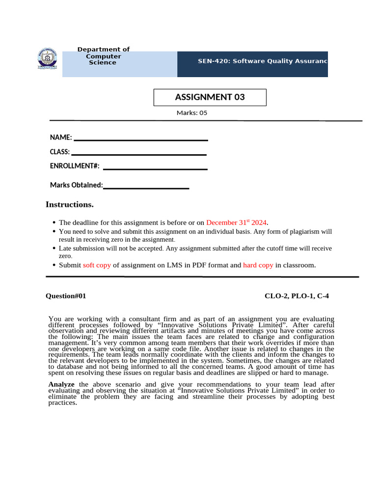 Software Quality Assurance Assignment 03 | PDF