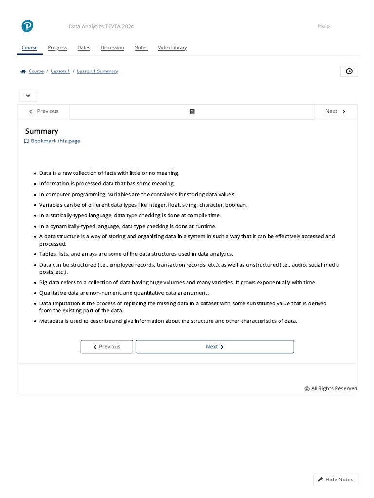 Lesson 1 Summary - Lesson 1 - Data Analytics TEVTA 2024 - Certiportlearning | PDF