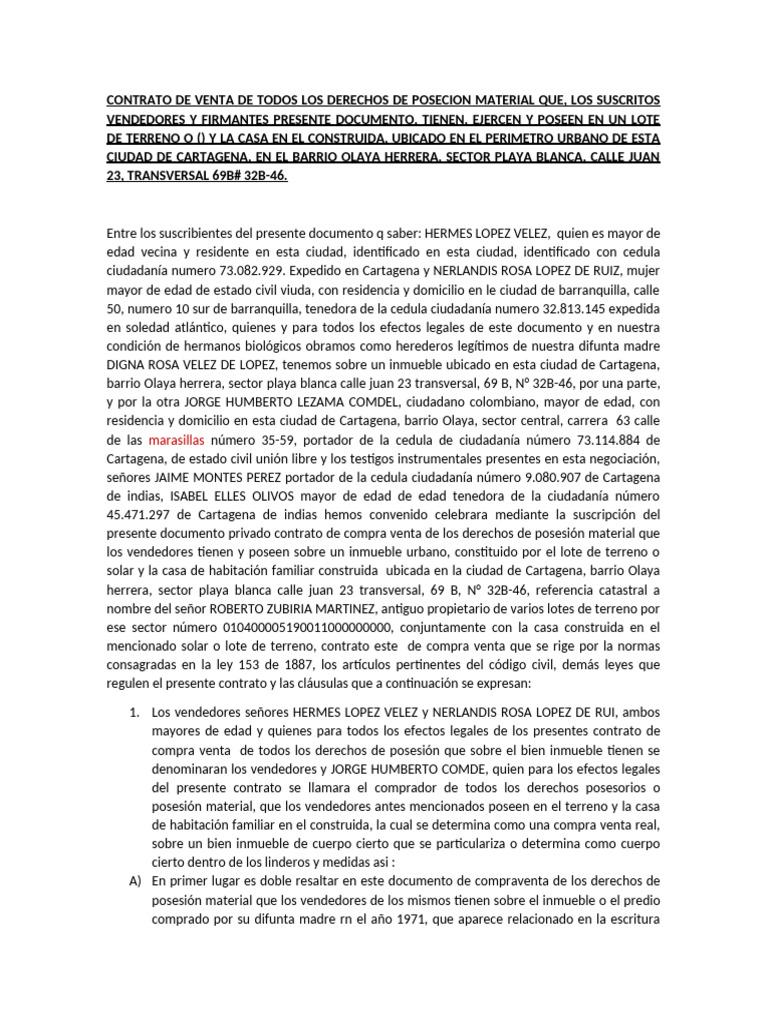 CONTRATO DE VENTA DE TODOS LOS DERECHOS DE POSECION MATERIAL Rfa | PDF | Ley común