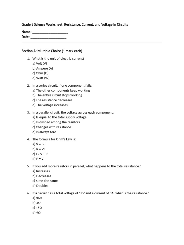 Grade 8 Science Worksheet - Resistance, Current, Voltage | PDF | Series ...
