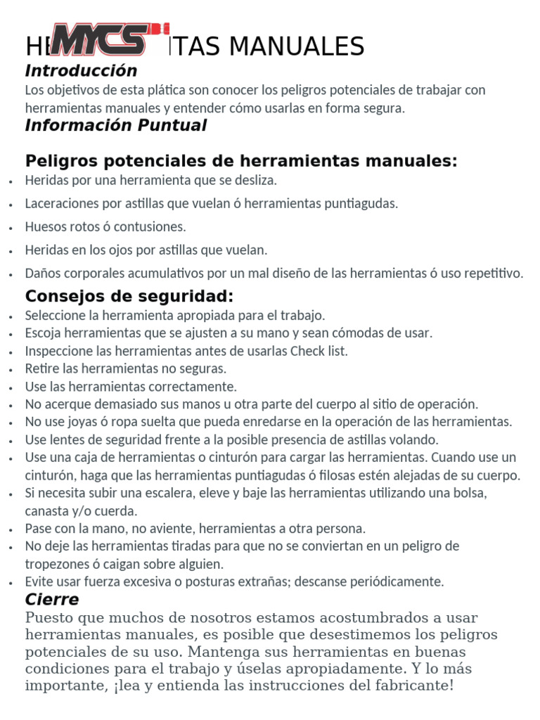 Platica de 5 Minutos Manejo de Herramienta Manual - 091654 | PDF