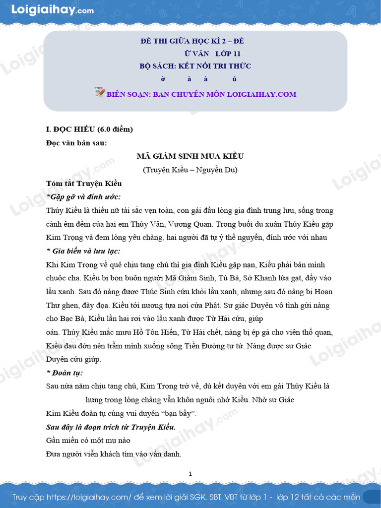 De Thi Giua Ki 2 Van 11 Ket Noi Tri Thuc de So 2 1704955710 | PDF