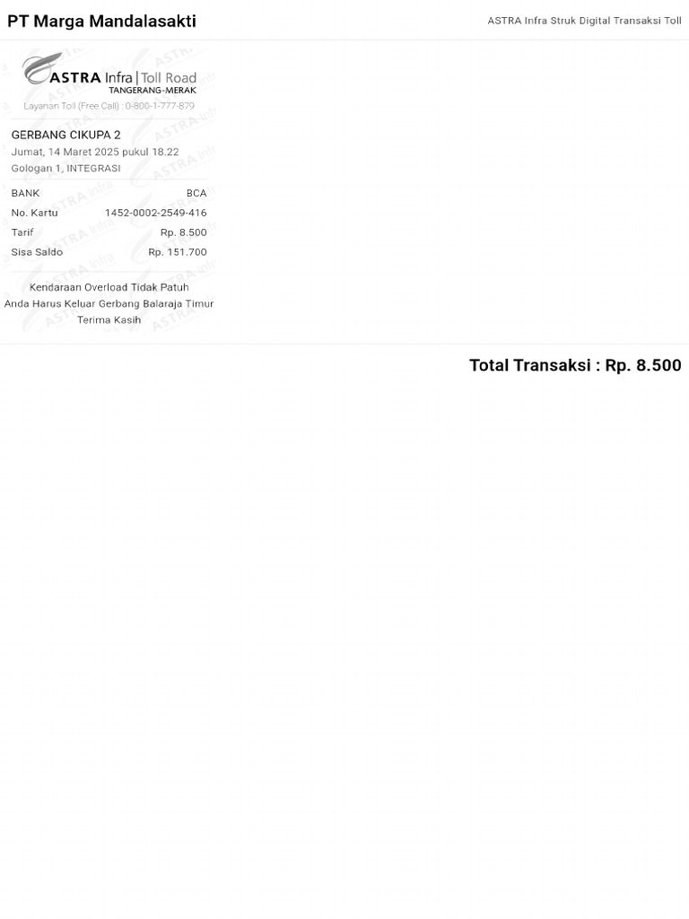 ASTRA Infra Struk Digital Transaksi Toll - 202531511858 | PDF