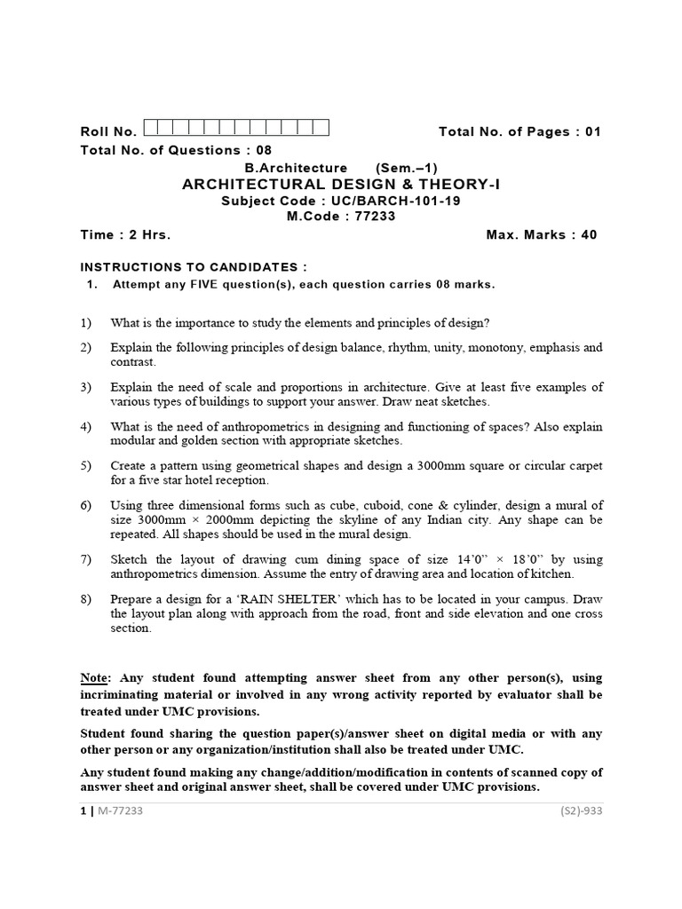 Architectural Design & Theory-I: Inst Ruct Ions T O Cand Idat Es | PDF