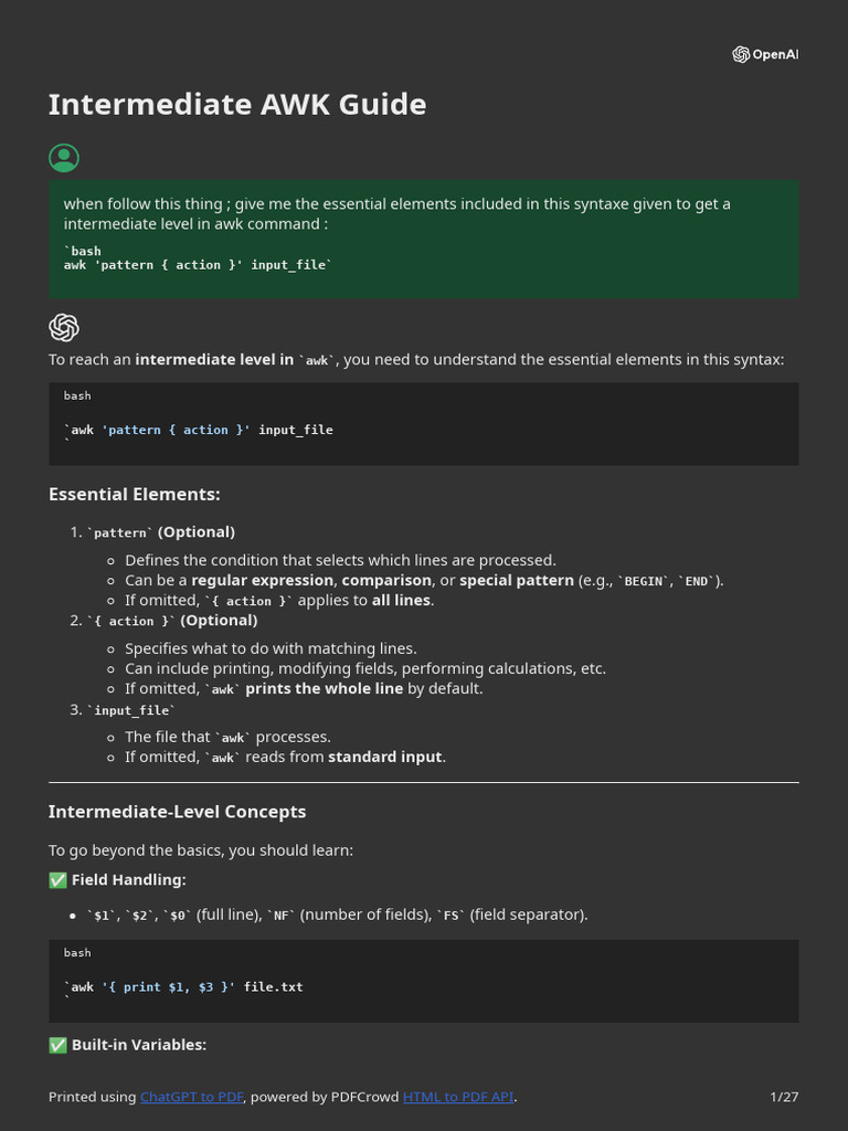 Intermediate AWK Guide | PDF | Regular Expression | Computer Programming