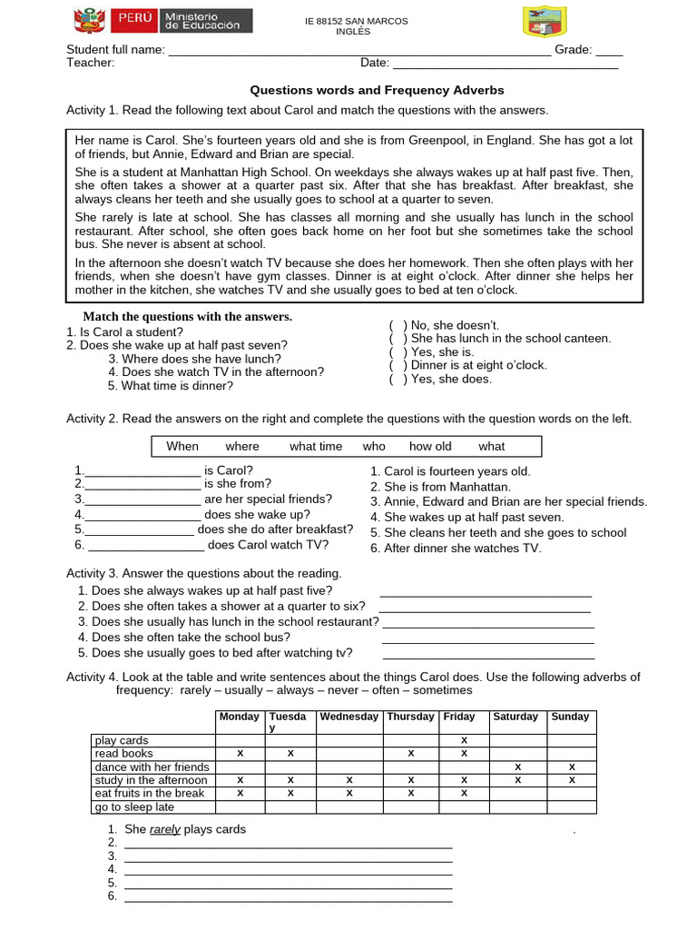 Questions Words & Freq Adv | PDF | Lunch