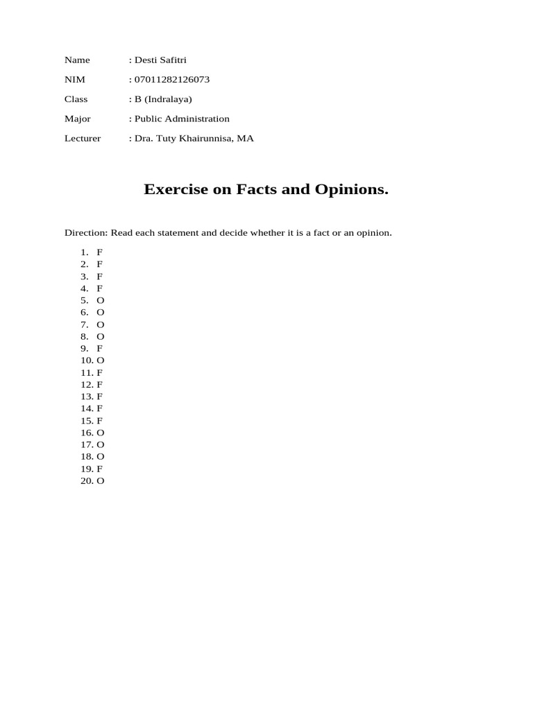 Exercise On Facts and Opinions (Jawaban) | PDF