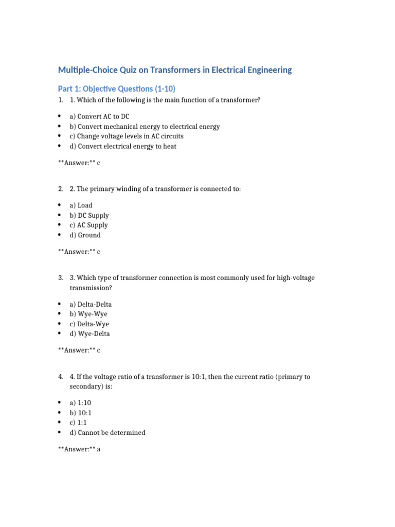 Transformer Quiz Answer Key | PDF | Transformer | Alternating Current