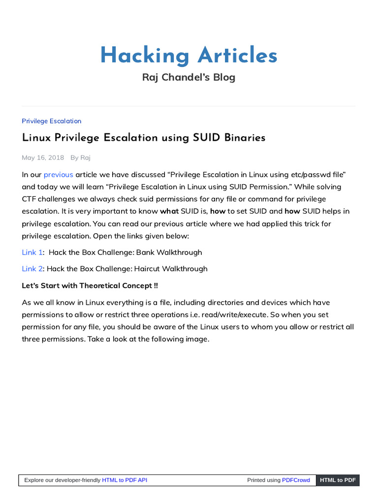 WWW Hackingarticles in Linux Privilege Escalation Using Suid | PDF | Computer File | Superuser