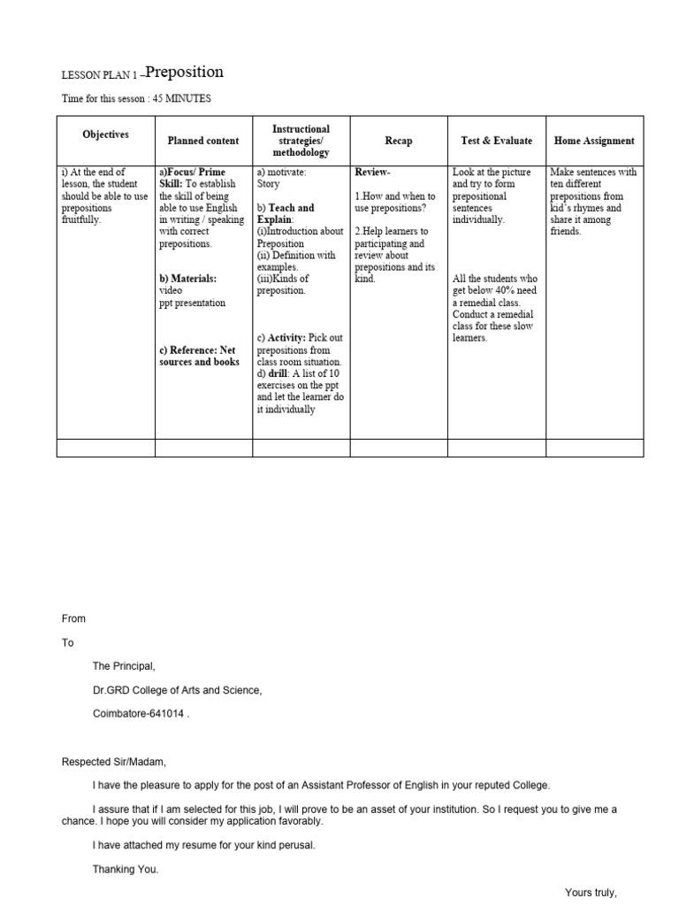 Preposition Lesson Plan Overview | PDF | Lesson Plan | Pedagogy