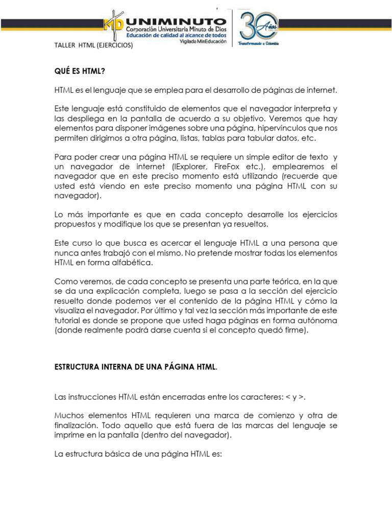 Taller de HTML: Ejercicios Prácticos | PDF | HTML | Hipervínculo