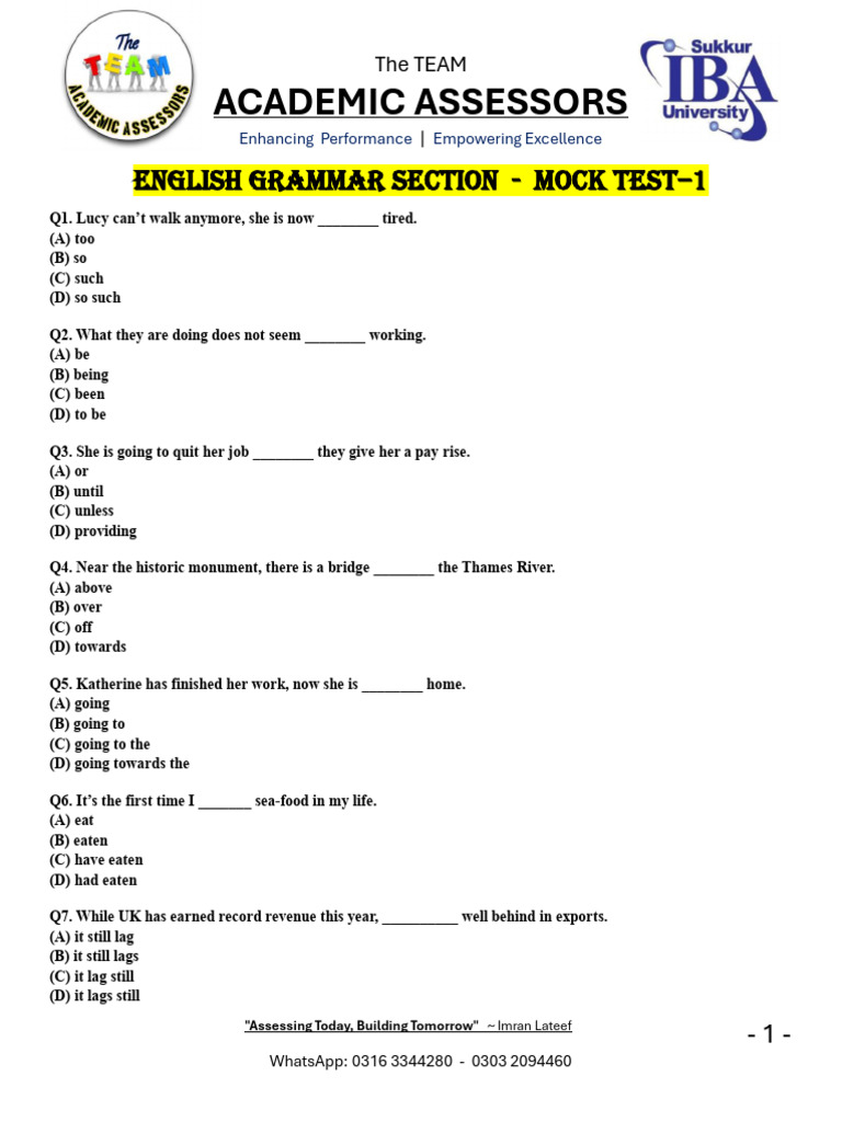 English Grammar Mock Test 1 | PDF