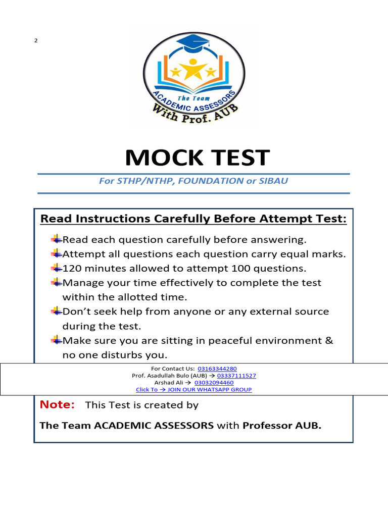 STHP/NTHP Mock Test Instructions | PDF