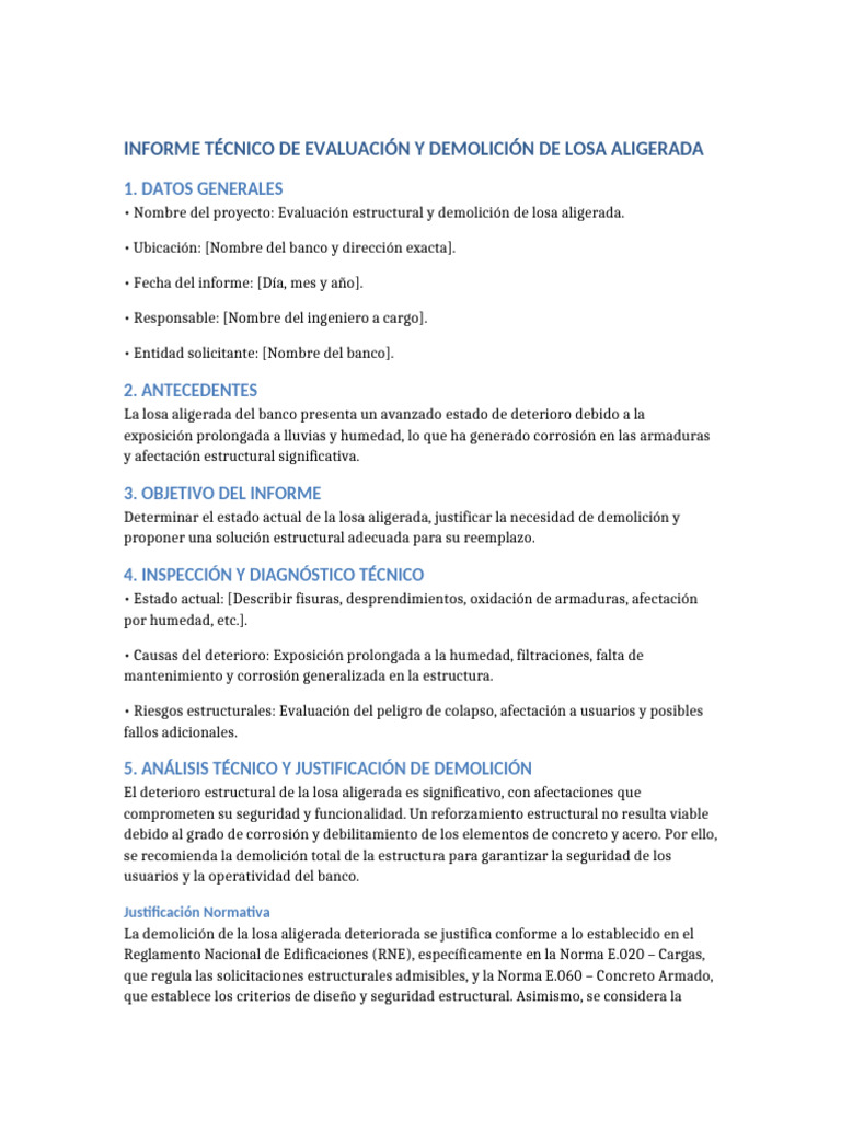 Informe Tecnico Demolicion Losa | PDF | Hormigón | Demolición