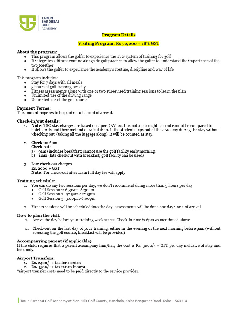 TSG Visiting Program - 1 Week | PDF | Fee | Payments