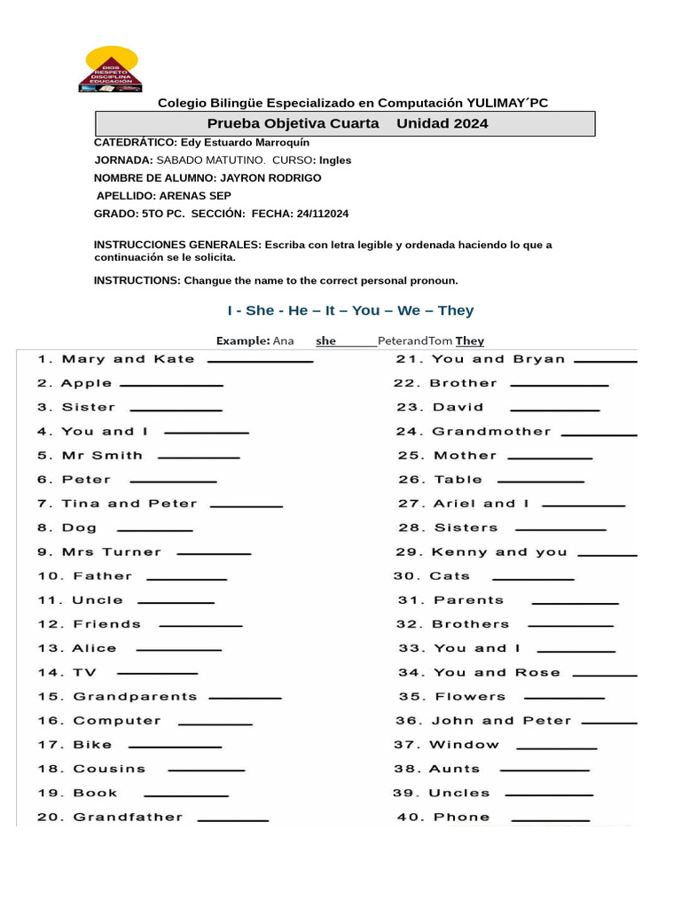 Evaluacion Cuarta Unidad INGLES | PDF