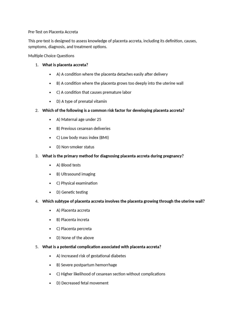 Sample Pre - Test Placenta Accreta | PDF