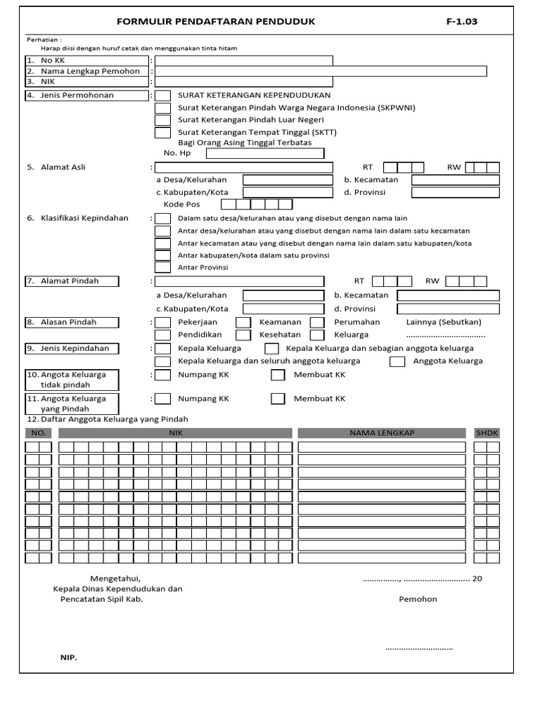 f1.03 Permohonanan Pindah Penduduk CAPIL | PDF