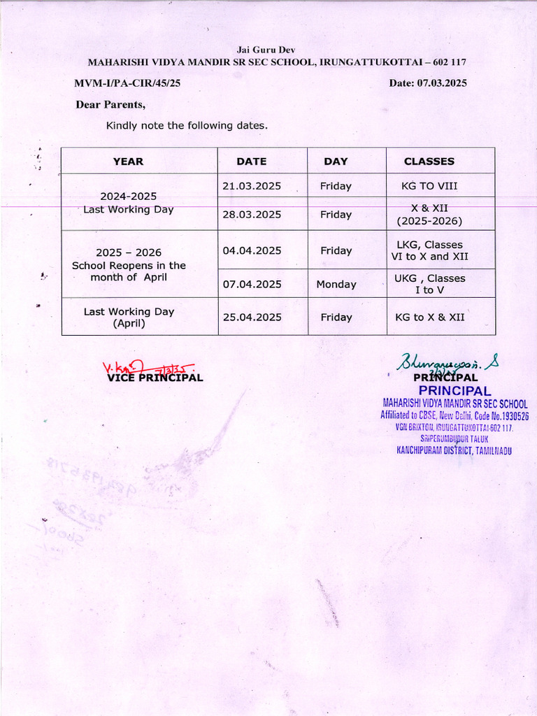 School Reopen & Holiday Ciruclar | PDF