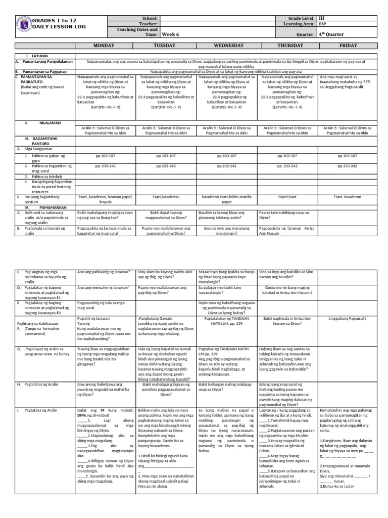 Grade 3 DLL Esp 3 q4 Week 6 | PDF